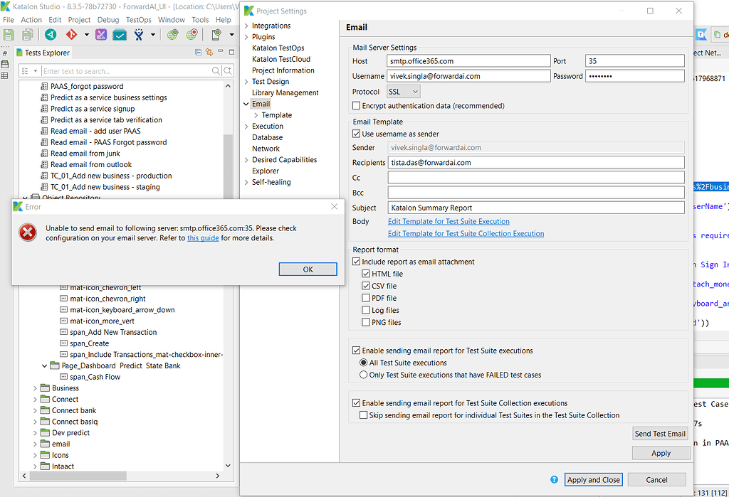 Getting the error while setting up email - Katalon Studio - Katalon Community