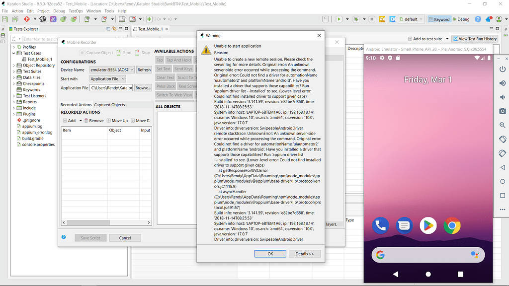 Unable to create a new remote session - Could not find a driver for automationName 'uiautomator2 ...