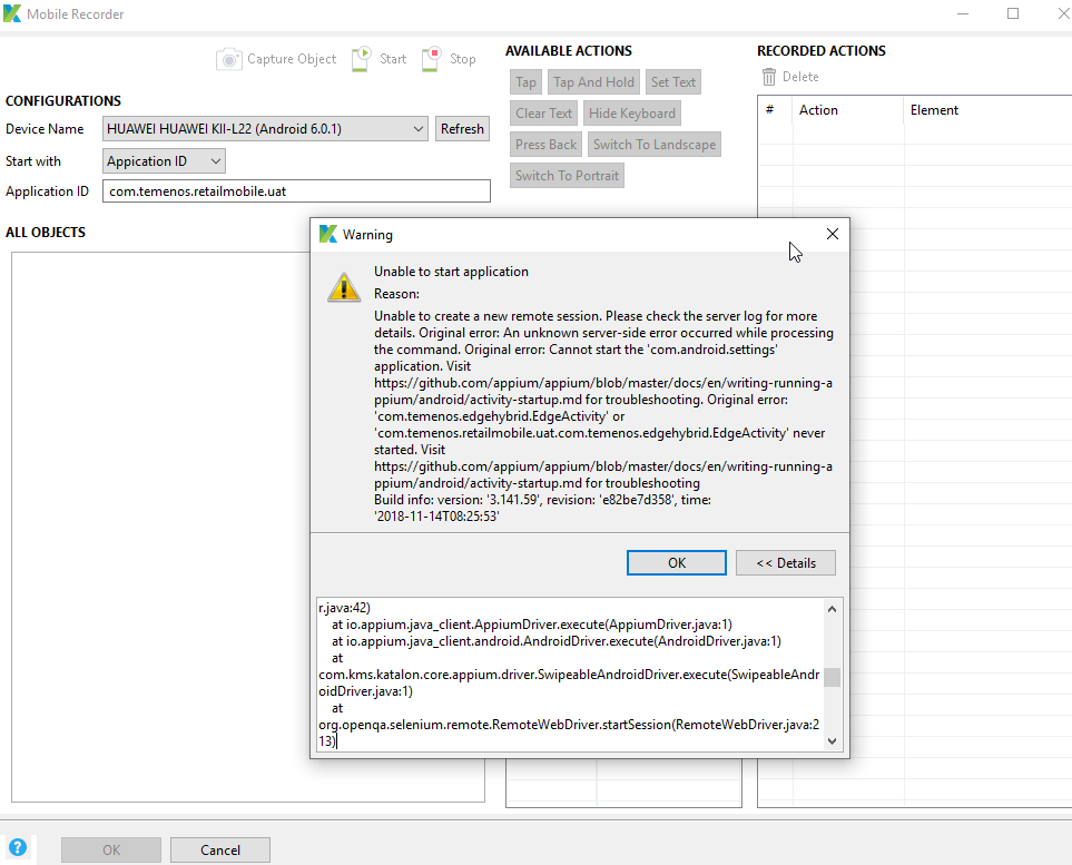 'Unable to start application on this device:Unable to create a new remote session' error occurs ...