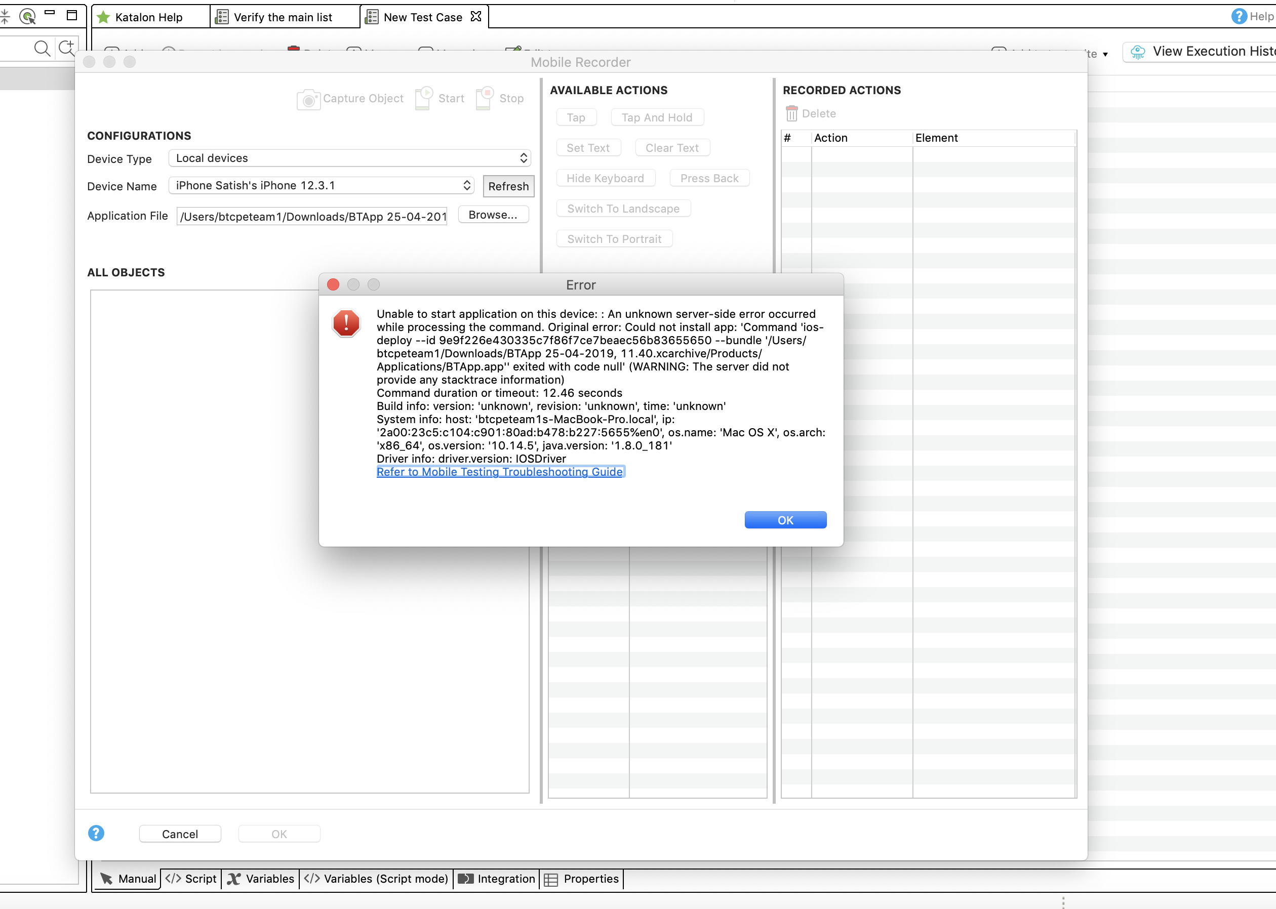 'Unable to start application on this device' error. packageAndLaunchActivityFromManifest failed ...