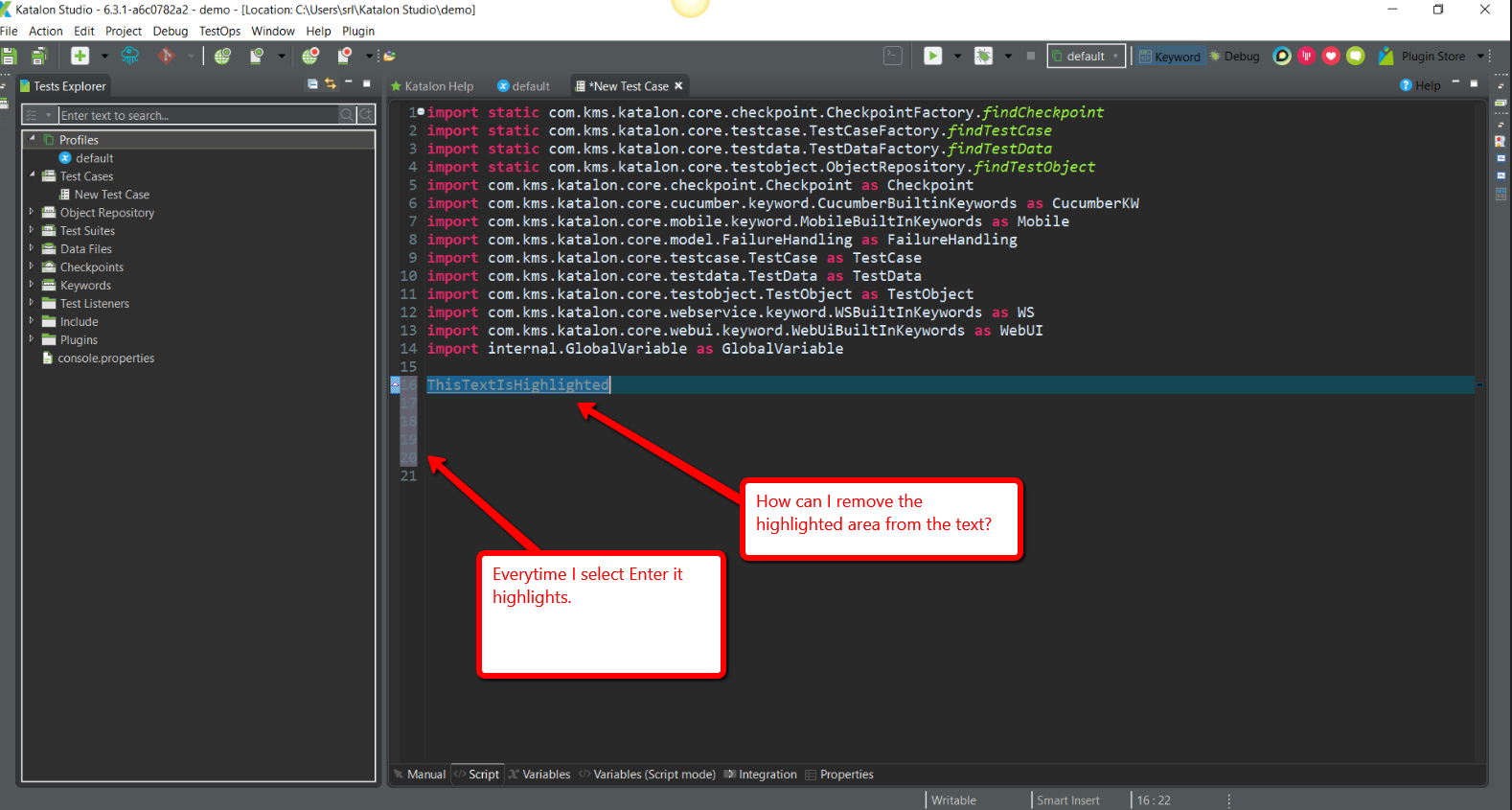 The text highlights in Script editor - Archive - Katalon Community