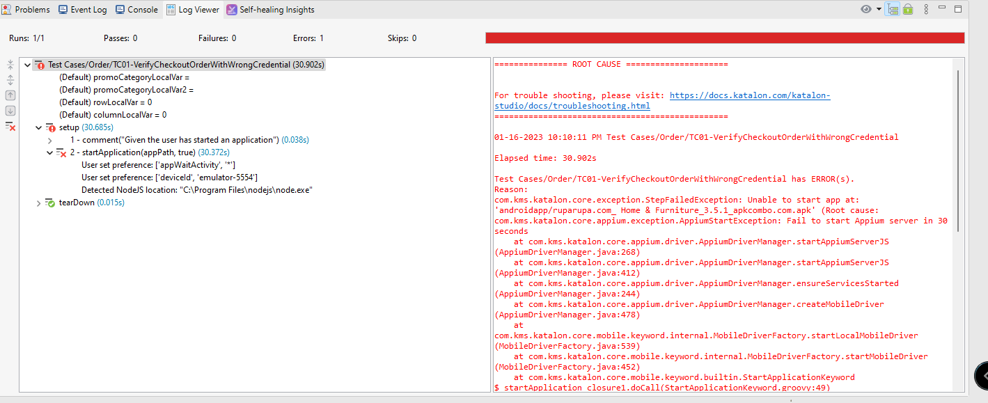 com.kms.katalon.core.appium.exception.AppiumStartException: Fail to start Appium server in 30 ...
