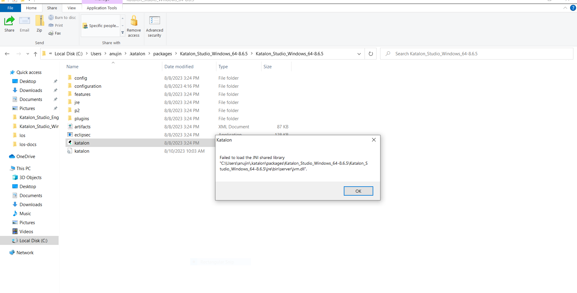 Failed to load the JNI shared library “C:\Katalon\jre\bin\client\jvm ...