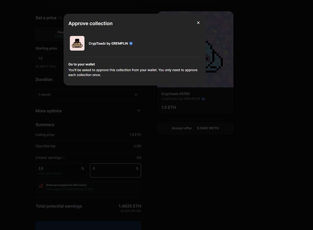 Issue with listing NFTs on opensea - "approve collection"; "Cannot read properties of undefined ...