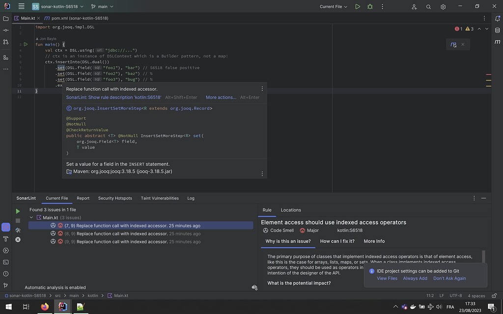 kotlin:S6518 False Positive using JOOQ - Report False-positive / False-negative... - Sonar Community