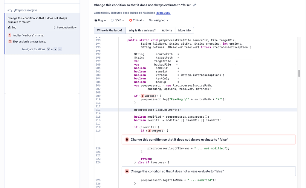 Cannot understand SonarQube issue rationale "Change this condition so it does not evaluate to ...
