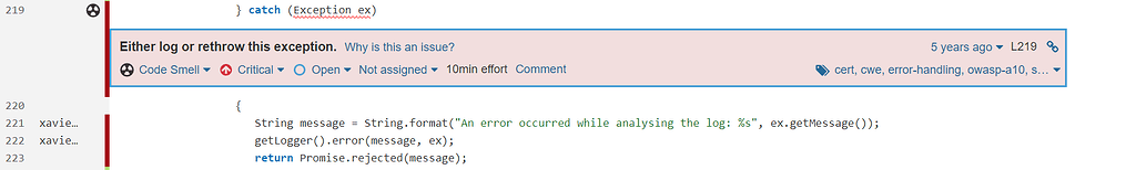 Either log or rethrow this exception code smell (but it's already logged) - Report False ...