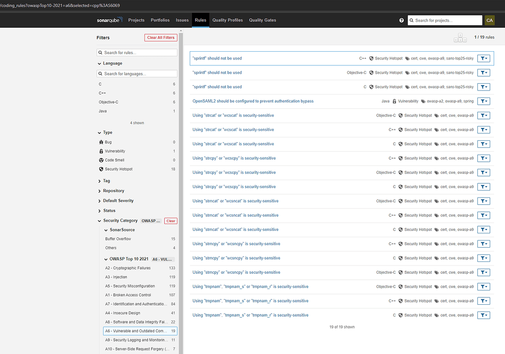 OWASP 2021 - A6 rules - SonarQube Server / Community Build - Sonar Community