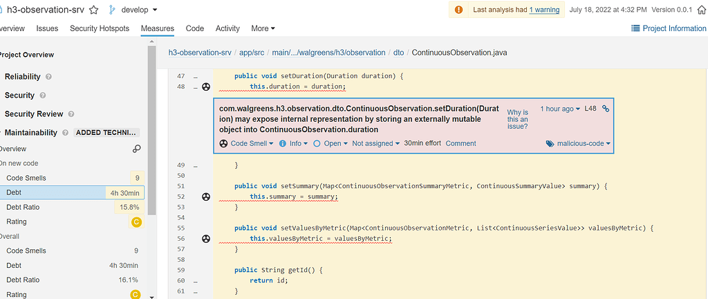 Hi, i am facing like may expose internal representation by storing an externally mutable object ...