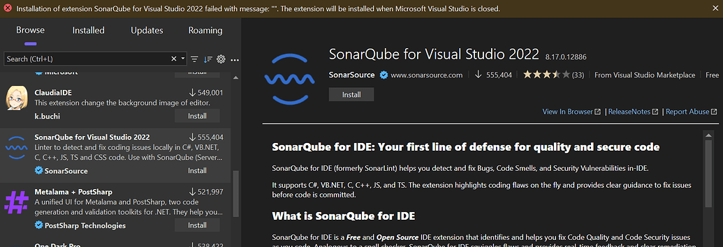 Installation of extension SonarQube for Visual Studio 2022 failed with message : "" - Visual ...