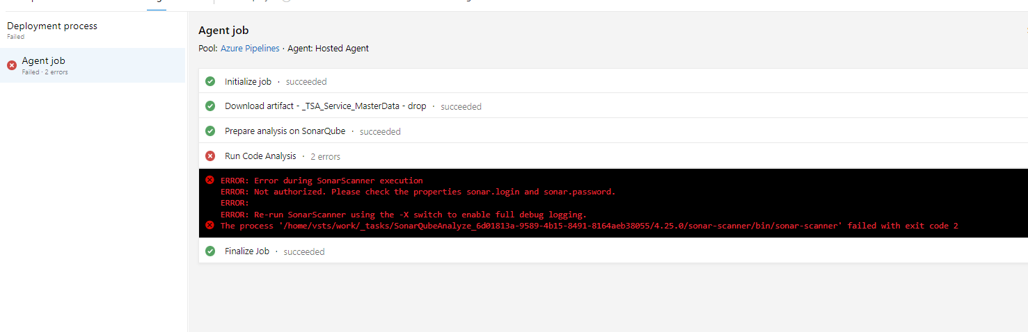 Run code analysis Azure devops sonarqube plugin error Not authorized. Please check the ...