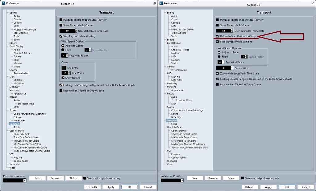 Cubase 13 Where Is The Return To Start Position On Stop Cubase