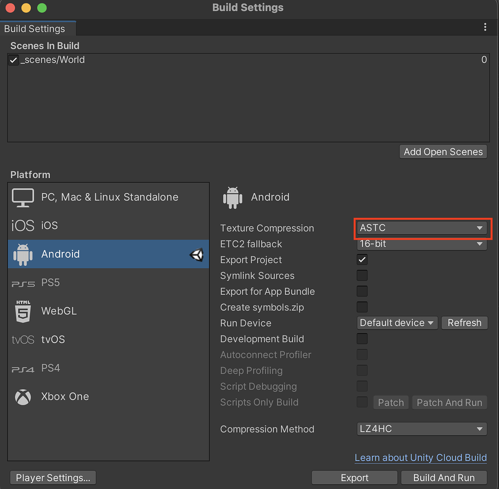 What ASTC-compression used in Build Settings corresponds to the one used in Texture Import ...
