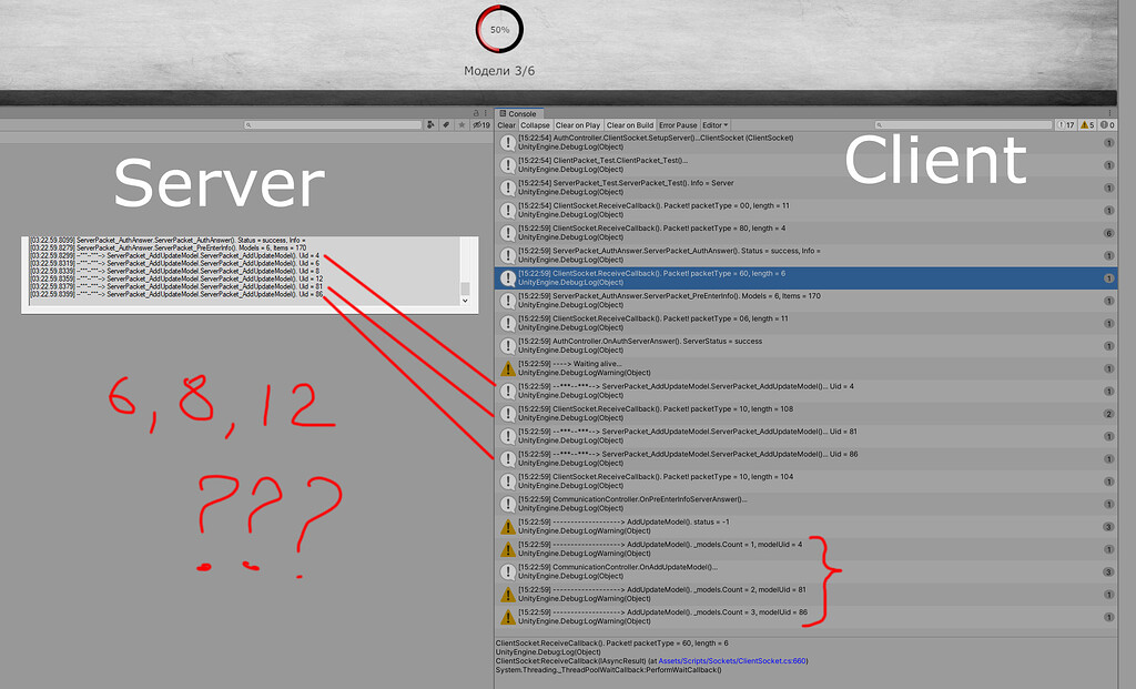 C# Socket in Unity (in ClientSocket : MonoBehaviour) does not receive server package(s) (keeps ...