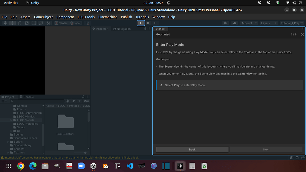 Lego tutorial project doesn't work! Unity 2020.3 on Ubuntu Linux (allegedly a supported OS ...