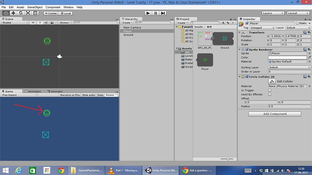 Circle rounds the player in game when I add "circle collider 2D ...