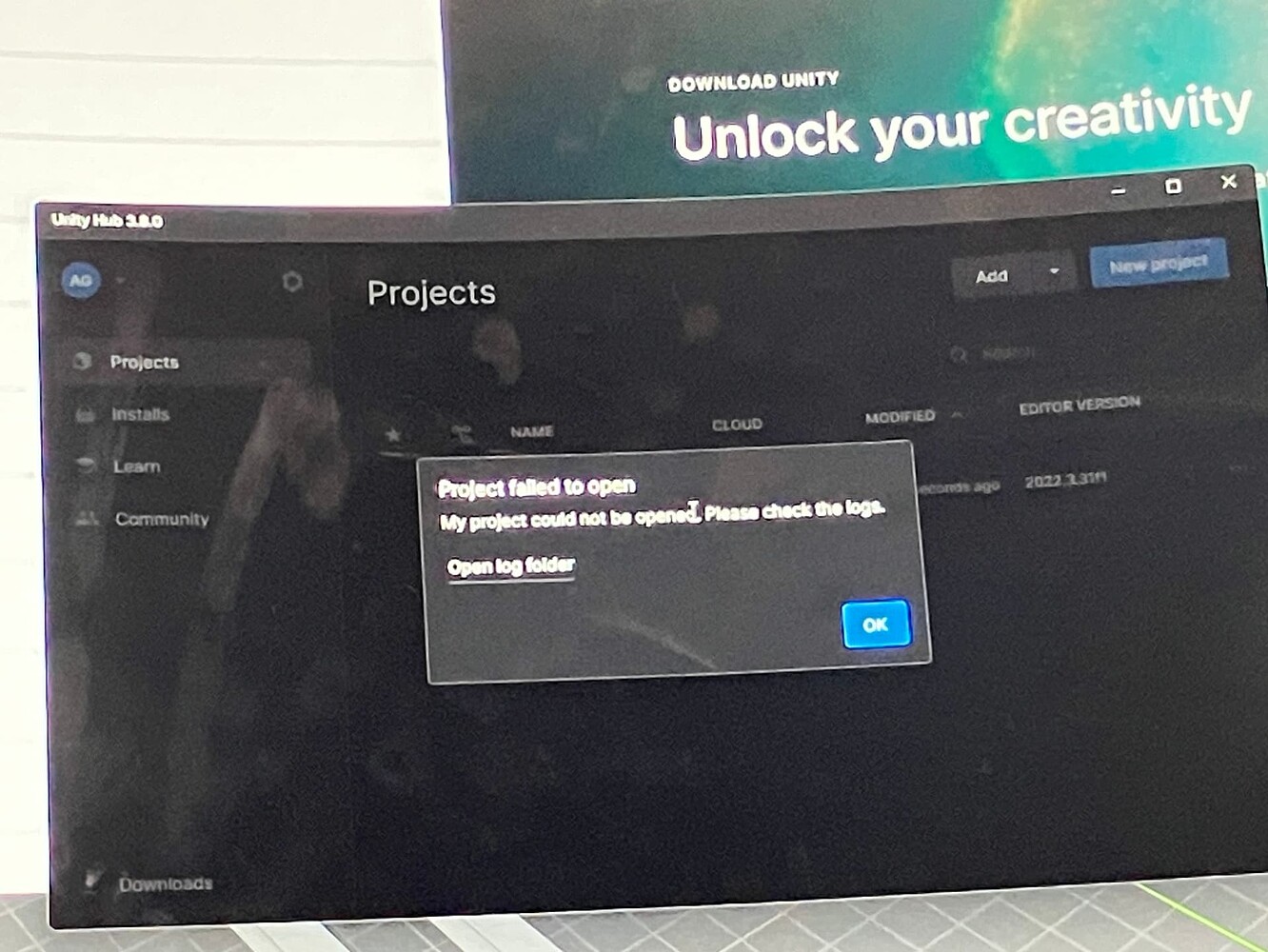 Unity Hub: "Project failed to open. Project could not be opened. Please check the login ...
