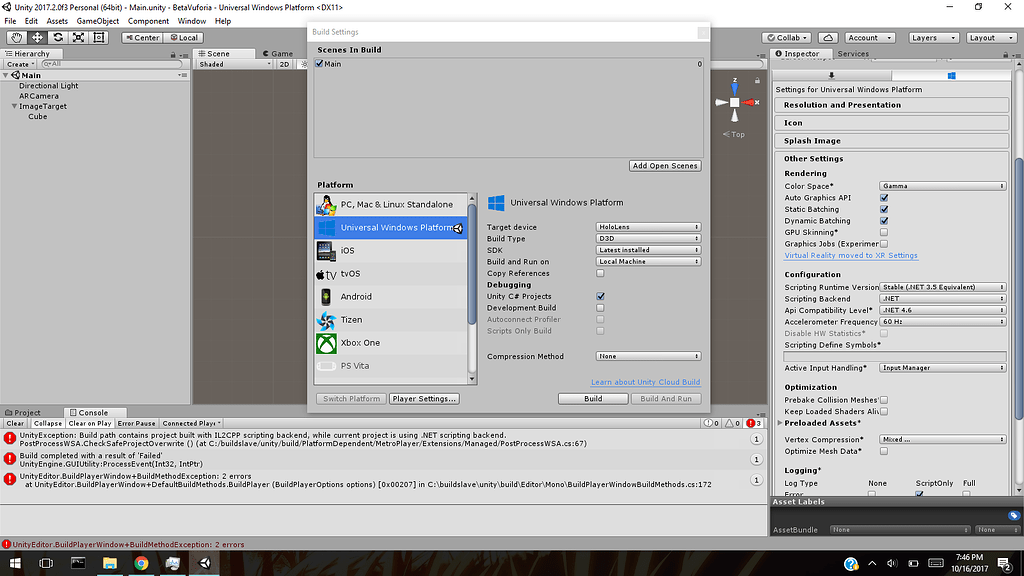 Unable To Select Unity C Project When Building Vuforia Project On Unity 201720 Questions 