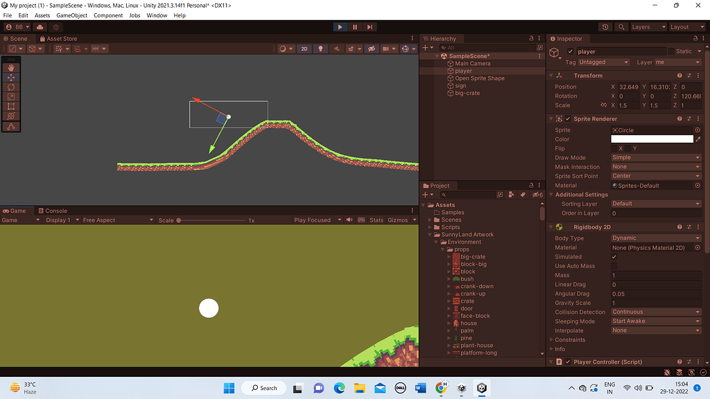 i am trying to make a 2d ball game but as soon as i come up with the slope my charecter itself ...