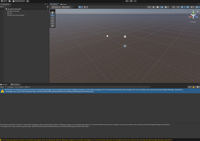 immutable packages were unexpectedly altered:DefaultSettingsVolumeProfile.asset - Unity Engine ...
