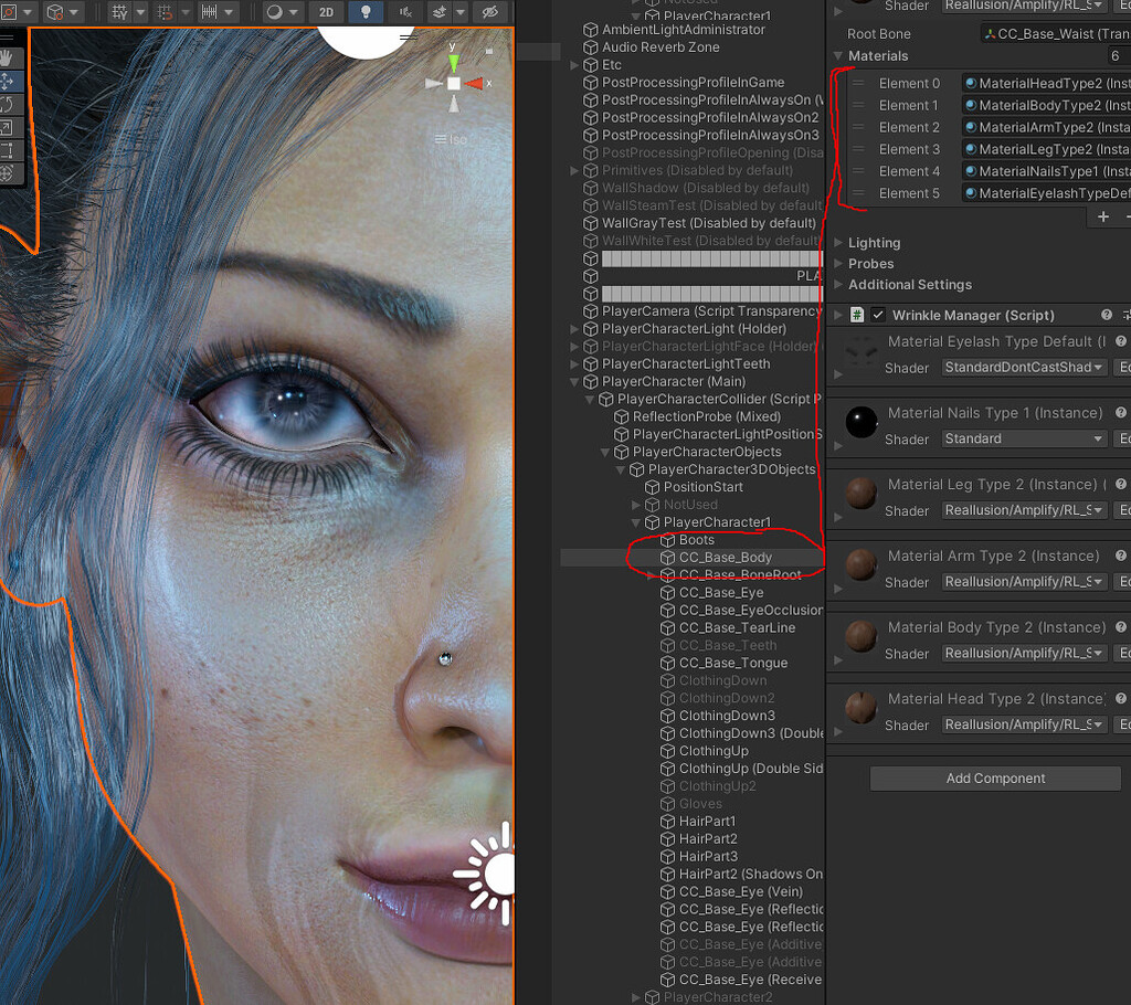 Point Head Material In The Last Slot Of The Skinned Mesh Renderer In Unity Unity Engine 
