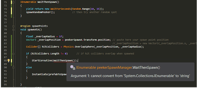 I can't start a coroutine. I get a weird message from visual studio ...