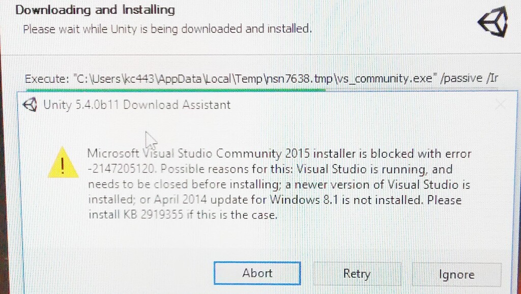 I can't finish installing Unity on Windows 10 and get this message. I ...