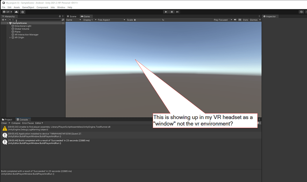 Trying to install XR for MetaQuest2 - build is opening up as a "window" in my VR?? - Unity ...