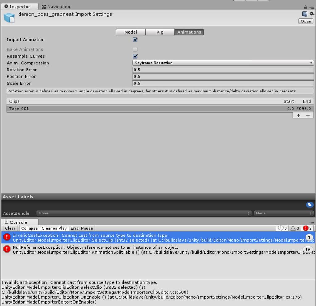After upgrade to 5.5.2 Animations are imported but are not editable & lot's of errors - Unity ...