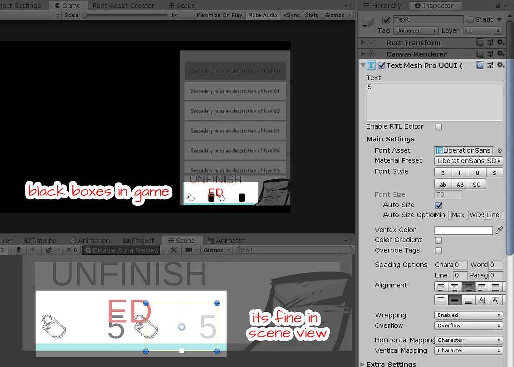 [ BUGS ] Game View ~> Can see Black Box . Scene view ~> Can see TMPro ...
