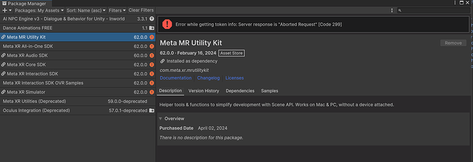 [Package Manager Window] Error while getting token info: Server response is "Aborted Request ...