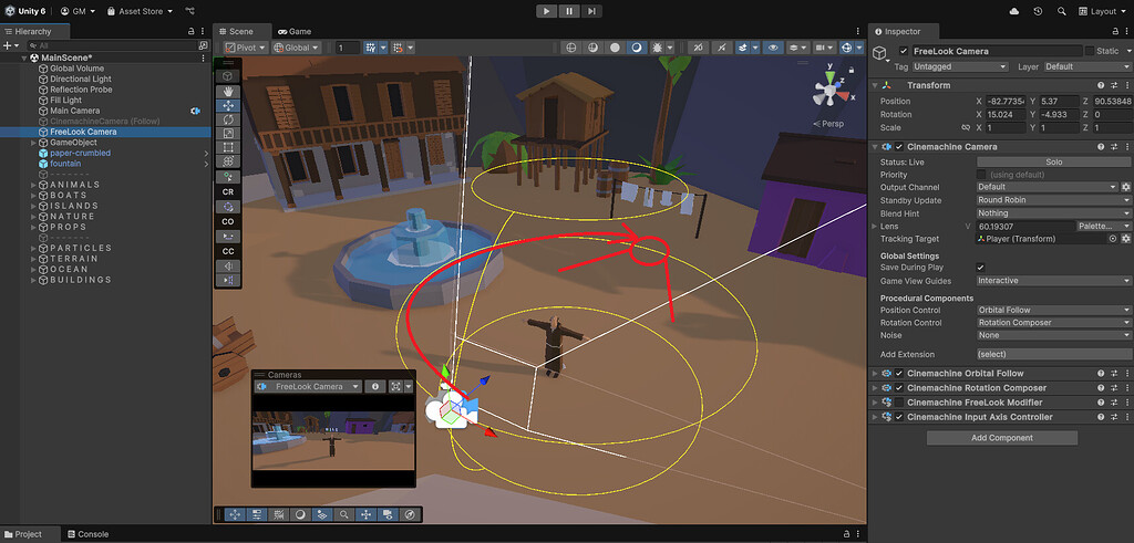 How do I configure the initial position of a FreeLook Camera along the center orbit ring ...