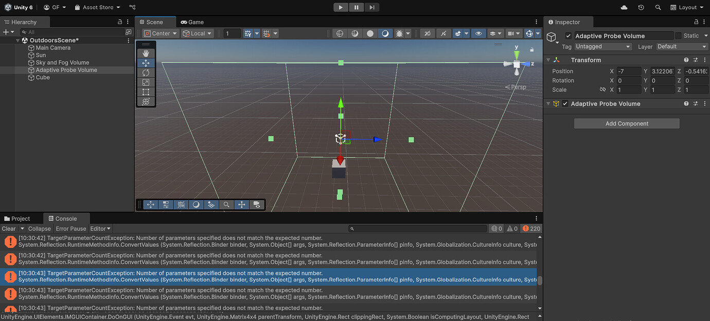 Adaptive Probe Volumes throwing TargetParameterCountException when selected in the inspector ...