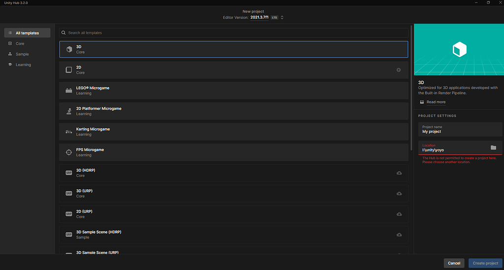 "the hub is not permitted to create a project here." - Unity Engine ...