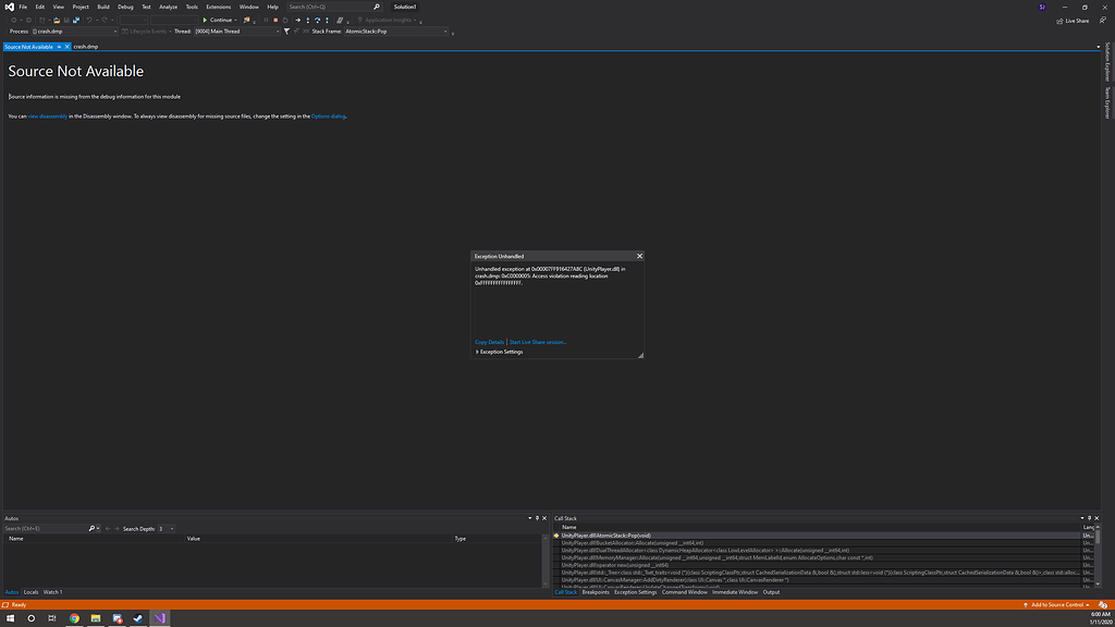 CRASH Unhandled exception at 0x00007FF916427A8C (UnityPlayer.dll) - Unity Engine - Unity Discussions