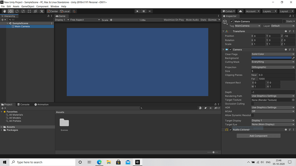 Main Camera not visible, Blue screen on the place of scene, not able to drag objects there ...