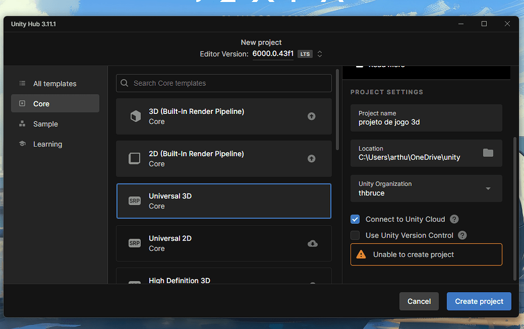 I just installed unity and I can't create any project, the message that appears is... (Unable to ...