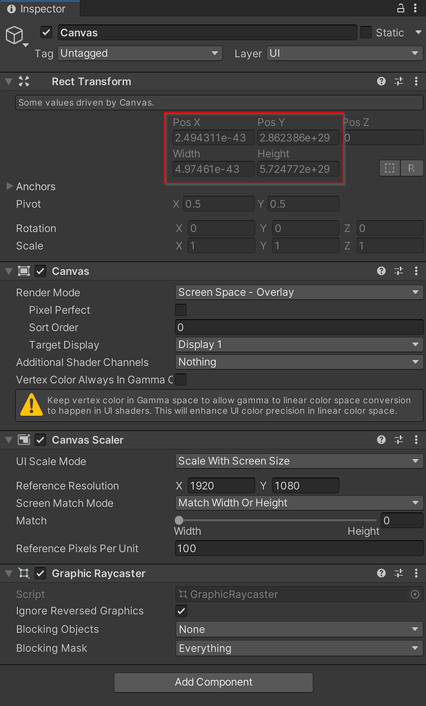 Erratic Numbers In The Rect Transform Of Canvas Object Every Time I Close And Re Open Project