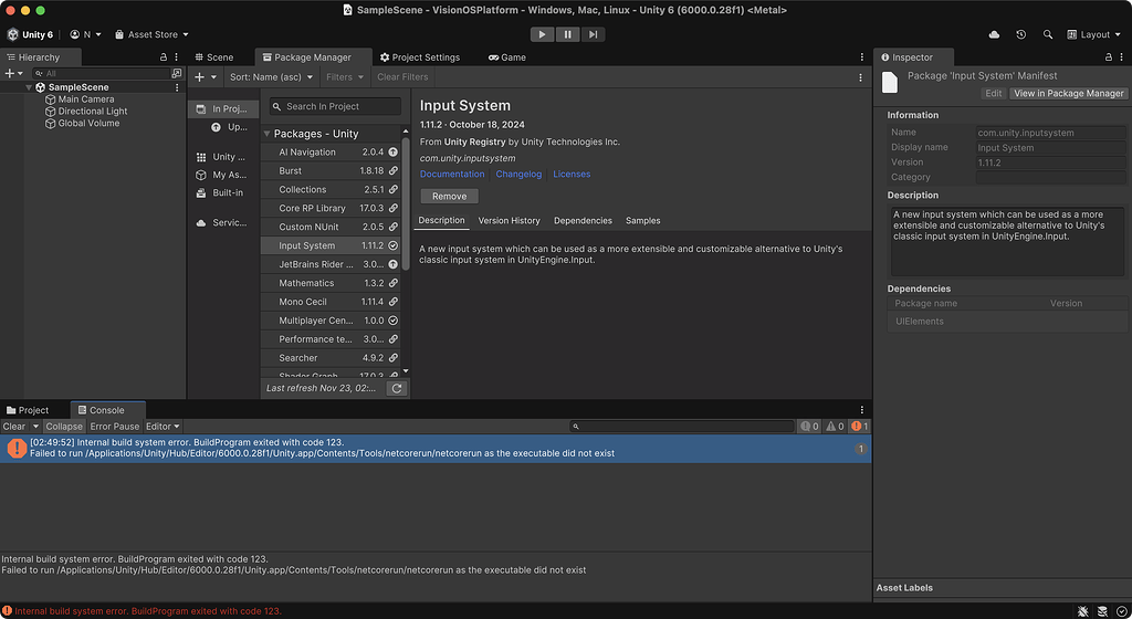U6000.0.28f1 Empty URP project Internal build system error. BuildProgram exited with code 123 ...
