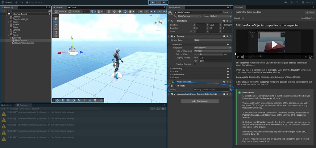 Unity Editor Essentials Learning Template Bug - Camera Script missing - Getting Started - Unity ...