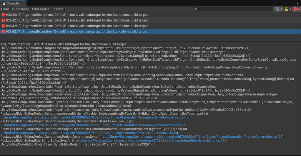 ArgumentException: 'Default' is not a valid subtarget for the Standalone build target - Unity ...