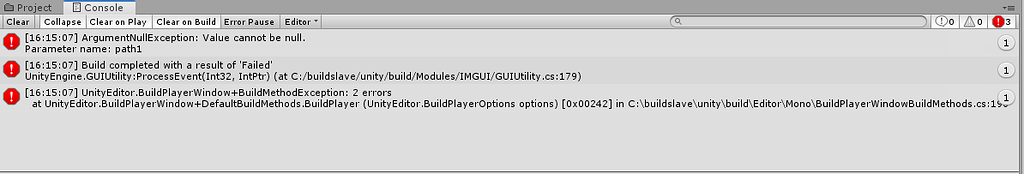 Build completed with a result of 'Failed' UnityEngine.GUIUtility:ProcessEvent(Int32, IntPtr ...