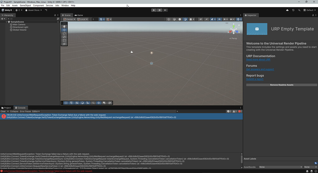 UnityConnectWebRequestException: Token Exchange failed due a failure with the web request ...