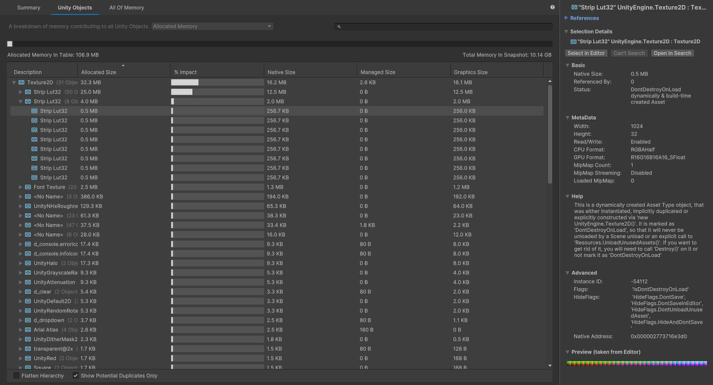 Mysterious Strip Lut32 textures occupying memory - Unity Engine - Unity Discussions