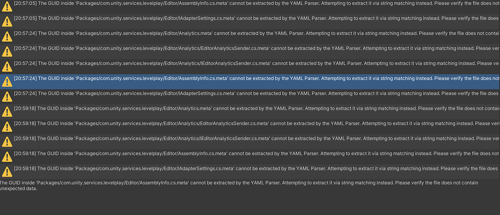 The GUID inside 'Packages/com.unity.services.levelplay/...' cannot be extracted by the YAML ...