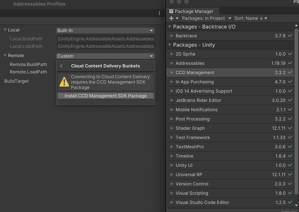 Addressables Profile does not recognize installed CCD Management package - Unity Services ...