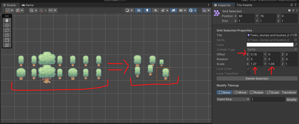 Is it possible to randomly change size and position of the tile (sprite) inside the tilemap cell ...