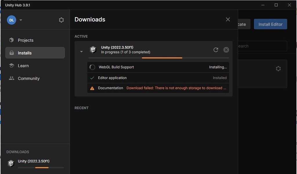 Error while installing hub: documentation download failed not enough storage to download - Unity ...