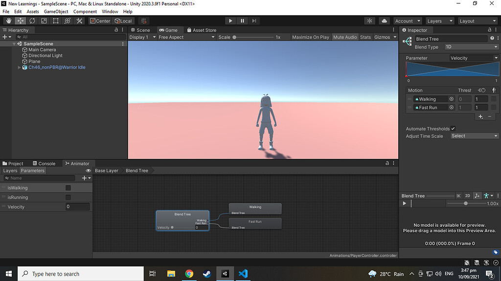 My Blend Tree Velocity doesnt seem to move and also my character does not follow my buttons ...