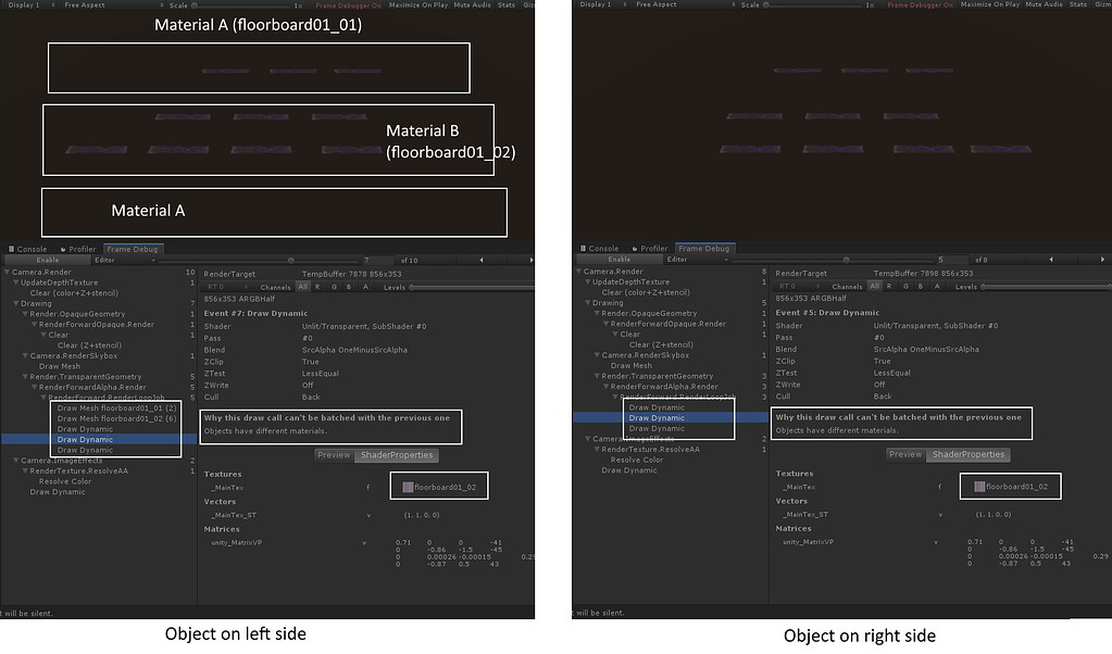 Draw call not batching (dynamic) because of different materials when in a different location ...